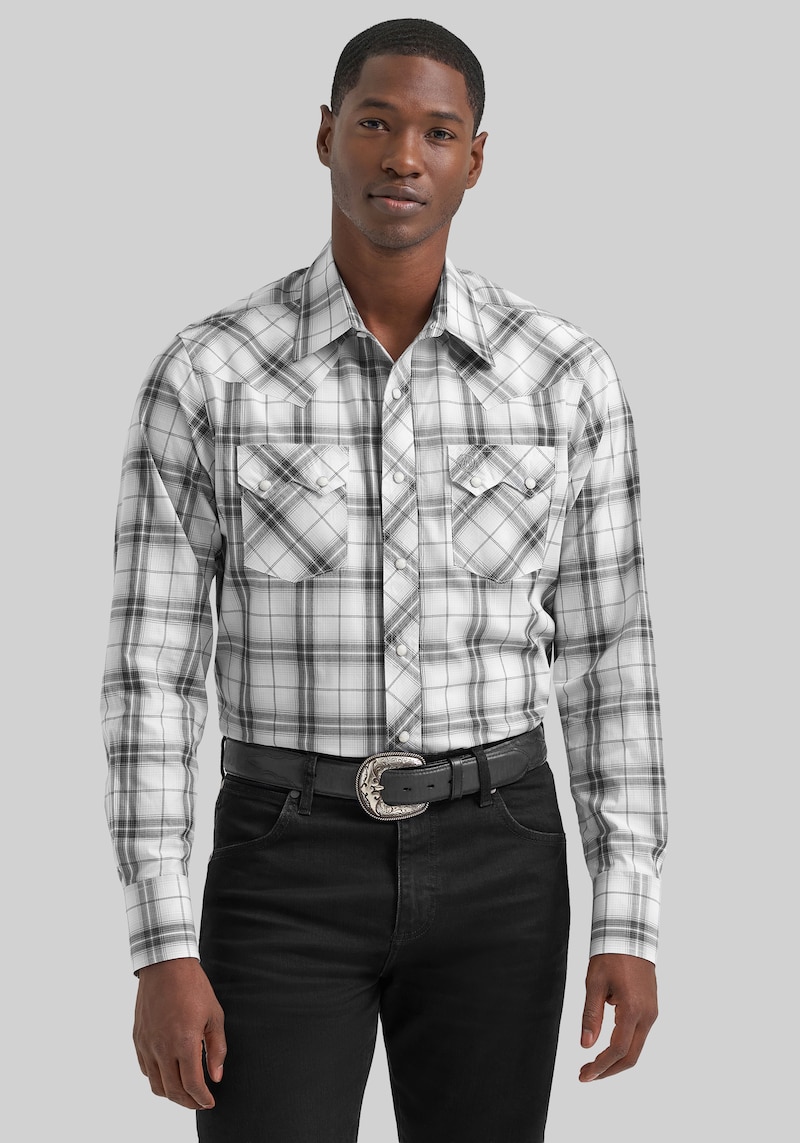 Click here for Mens Wrangler Retro Premium Tailored Fit Plaid Wes... prices