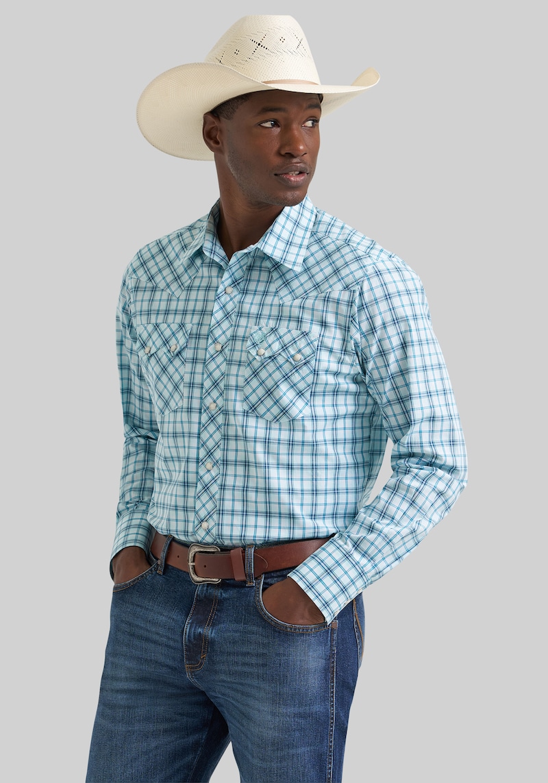Click here for Mens Wrangler Retro Premium Tailored Fit Plaid Wes... prices